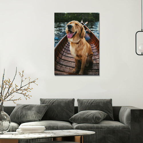 Интерьерная картина на холсте - Большая собака в лодке с языком40х60