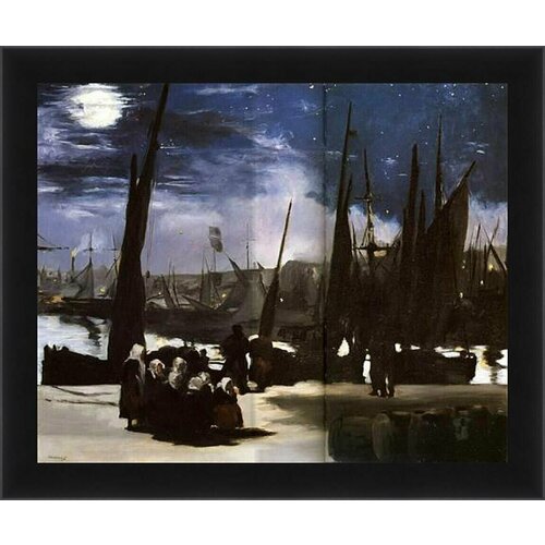 Плакат, постер на холсте Clair de Lune sur le port de Boulogne, Moonlight on the wearing of Boulogne, Huile sur toile. Эдуард Мане. Размер 42 на 60 см