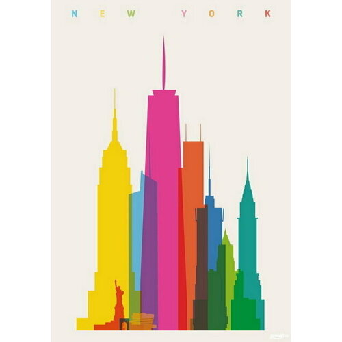 Плакат, постер на бумаге цветной силуэт города Нью-йорк. Размер 21 х 30 см