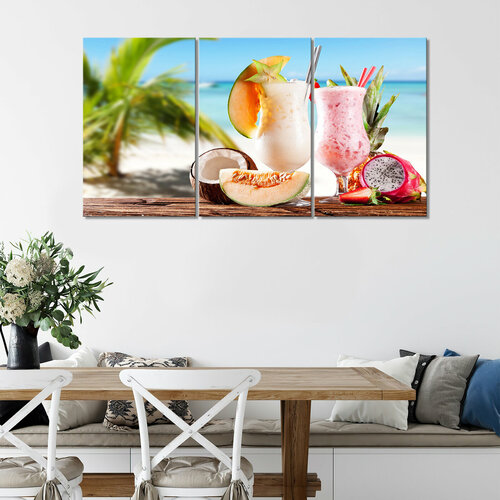 Модульная картина на холсте/Fruits and cocktails are on the beach/Фрукты и коктейли на пляже 90х50