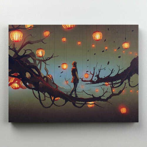 Интерьерная картина на холсте "Девушка гуляет по ветвям огромного дерева с фонариками" размер 30x22 см
