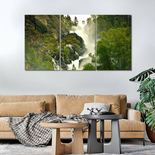 Модульная картина/Модульная картина на холсте/Модульная картина в подарок/ водопад в лесу- waterfall in the forest 90х50