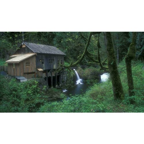 Картина на холсте 60x110 LinxOne "Домик лес река" интерьерная для дома / на стену / на кухню / с подрамником