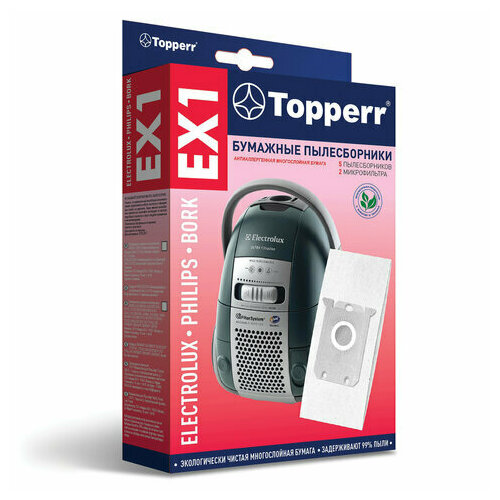 Мешок для пылесоса (пылесборник) бумажный TOPPERR EX1, ELECTROLUX, PHILIPS, BORK, комплект 5 шт, 1010 (арт. 456432)