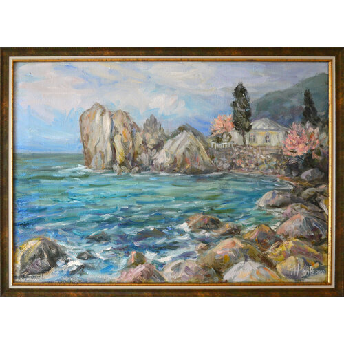 Картина на холсте, крымский пейзаж, "Дача Чехова в Гурзуфе" в раме, маслом ручной работы