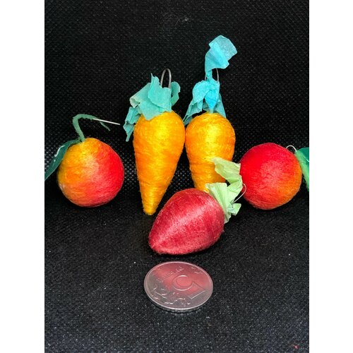 Елочная игрушка СССР набор овощи-фрукты ватные, папье-маше 5 шт №14