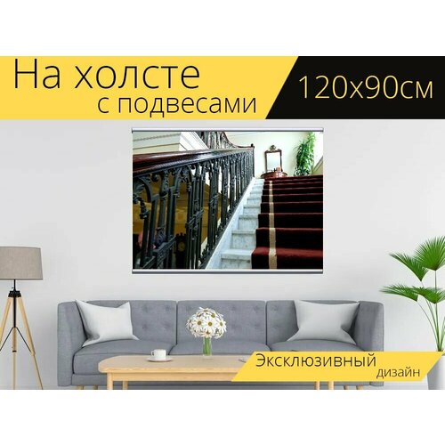 Картина на холсте "Лестница, винтаж, коврик" с подвесами 120х90 см. для интерьера