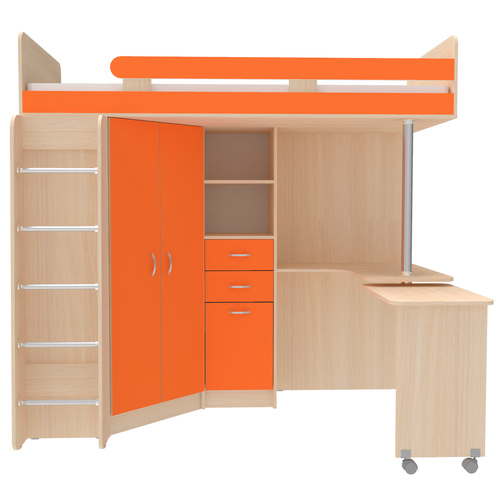 Кровать чердак Юниор 3 с металлической лестницей Дуб Молочный - Оранжевый