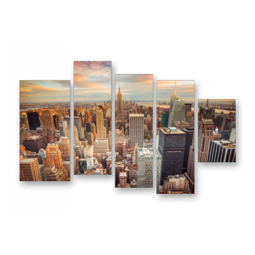 Модульная картина на стекле | Diva Kartina | Город. Нью-Йорк Манхеттен на закате | 160X110 см