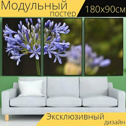 Модульный постер "Цветы, синие цветы, цветущий" 180 x 90 см. для интерьера