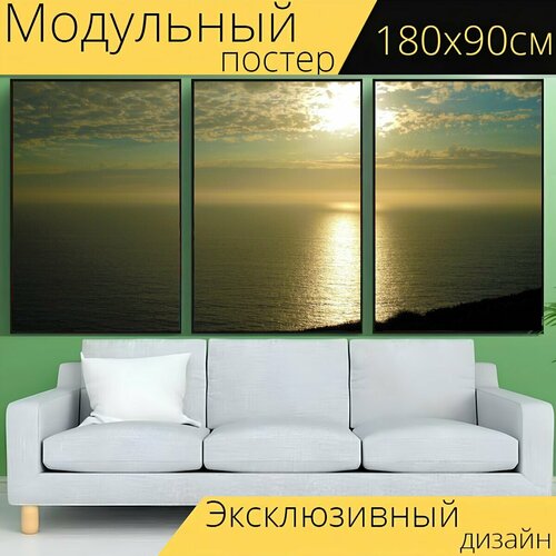 Модульный постер "Заход солнца, калифорния, пляж" 180 x 90 см. для интерьера