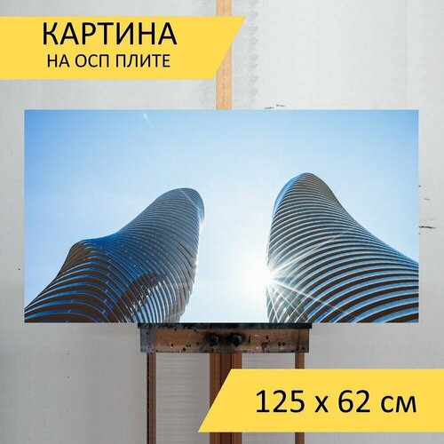 Картина на ОСП 125х62 см. "Башни, кондоминиум, небоскребы" горизонтальная, для интерьера, с креплениями