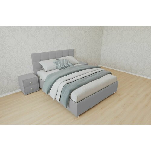 Двуспальная кровать Афина с матрасом 140x200 основание металлическое с ламелями велюр серый ножки 13 см хром