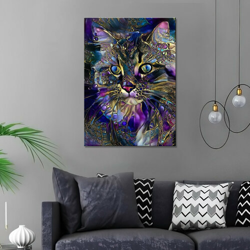 Картина интерьерная-Кошка фиолетовая синяя мозаика 40х55