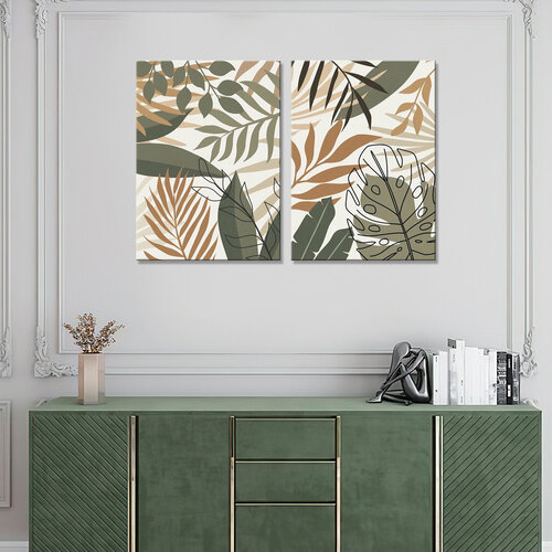 Картина интерьерная-Бежево-зелёные тропические листья (2 модуля-общий размер 55х80)