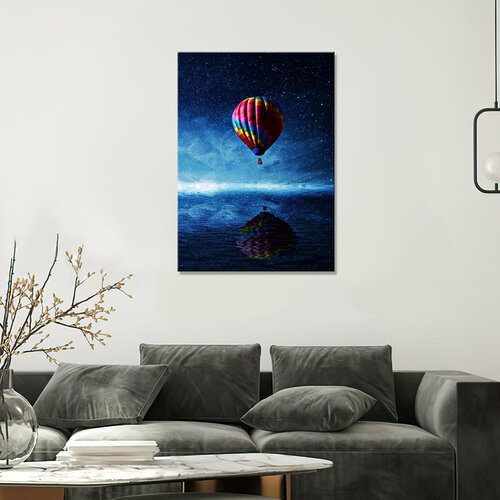 Интерьерная картина на холсте - воздушный шар над водой ночью 30х40