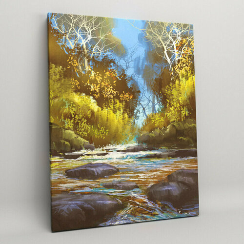Картина на холсте (интерьерный постер) "Горная речка и валуны", с деревянным подрамником, размер 30x40 см