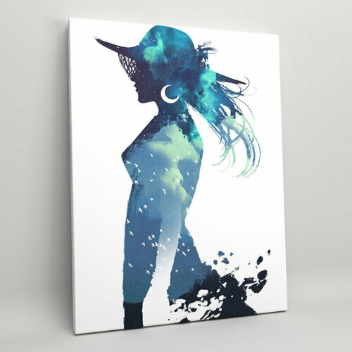 Картина на холсте (интерьерный постер) "Девушка в шляпе - ночное небо", с деревянным подрамником, размер 22x30 см