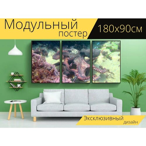 Модульный постер "Осьминог, кракен, морской жизни" 180 x 90 см. для интерьера