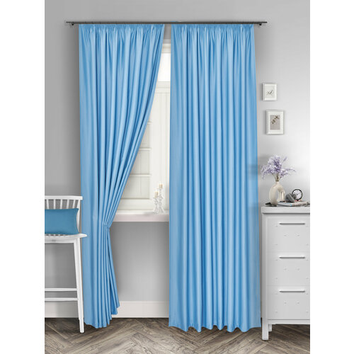 Комплект штор для комнаты Блэкаут однотонный матовый Shtoraland на ленте для крючков, две портьеры для гостиной, спальни, детской. Общий размер 500x270, голубой цвет