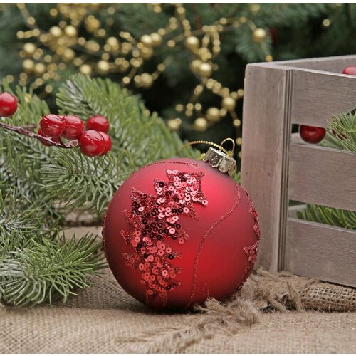 Рождественская декорация (Шар стеклянный красный с узором, диаметр 8 см)