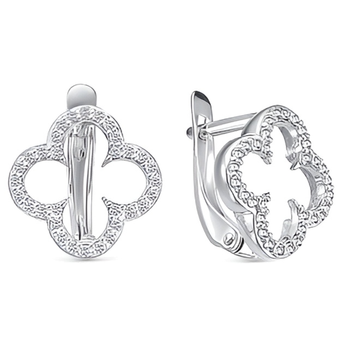 Серьги двусторонние Silver Fish Клевер, серебро, 925 проба, родирование, фианит, длина 1.6 см, серебряный