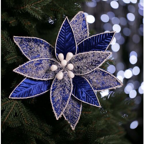 Цветок искусственный декоративный новогодний, диаметр 30 см, цвет темно-синий