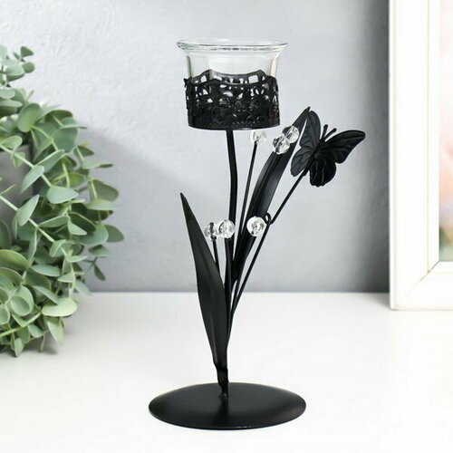 Подсвечник металл на 1 свечу "Бабочка с шариками-кристаллами" чёрный 8.5х8.5х22 см