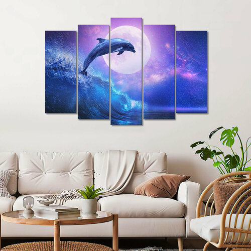 Модульная картина/Модульная картина на холсте/Модульная картина в подарок/дельфин на фоне луны-dolphin on the background of the moon125х85