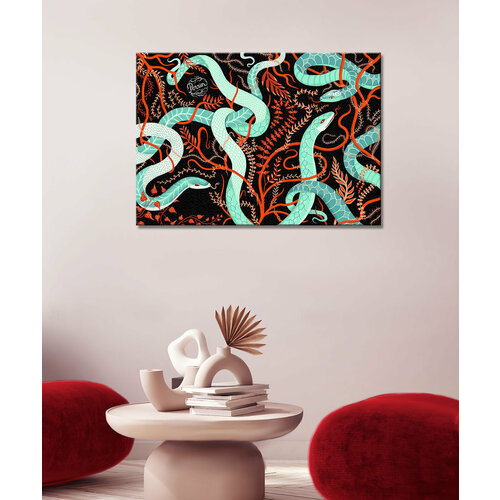 Картина - змея, змеи арт, голубые змеи, змеи в ветвях, змеи на чёрном фоне (101) 20х30