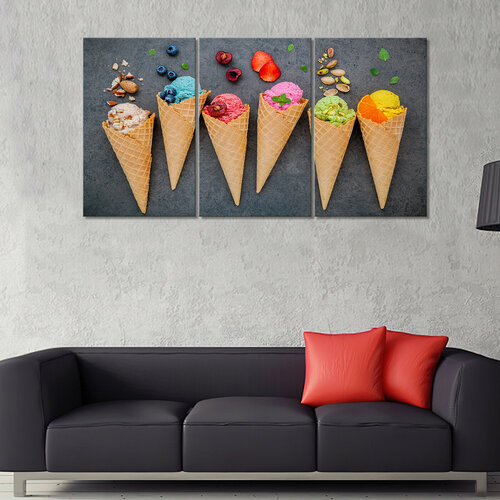 Модульная картина/Модульная картина на холсте/Модульная картина в подарок/Colorful ice-cream in a cone - Мороженое в рожке цветное 90х50