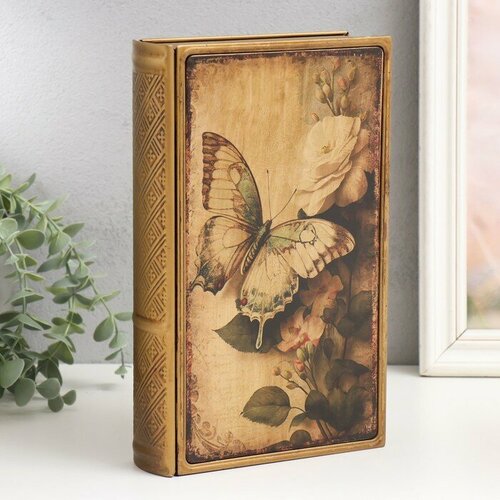 Шкатулка-книга металл, кожзам Бабочка на букете 26х16х5 см