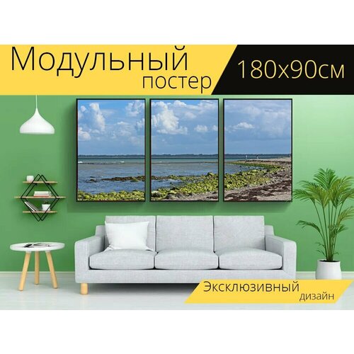 Модульный постер "Пляж, море, банк" 180 x 90 см. для интерьера