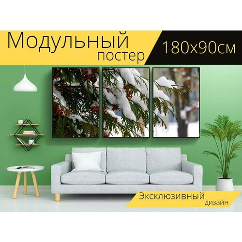 Модульный постер "Снег на ветке, заснеженные дерево, снежно" 180 x 90 см. для интерьера
