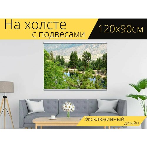 Картина на холсте "Горное озеро, летом, лес" с подвесами 120х90 см. для интерьера