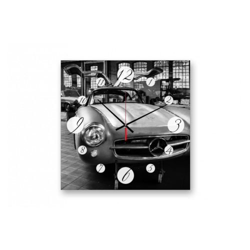 Часы настенные на стекле | Diva Kartina | Авто. Mersedes черно-белое ретро | 30X30 см | Немецкий механизм