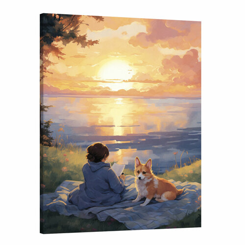 Интерьерная картина 50х70 "Корги и романтический закат"