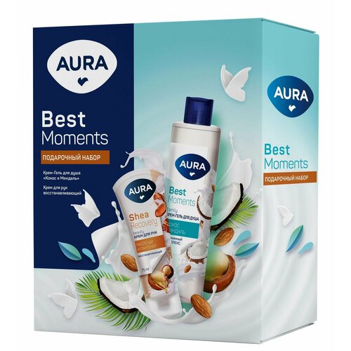 Подарочный набор AURA BEST MOMENTS Крем-гель для душа Кокос и Миндаль 250мл + Крем для рук Восстанавливающий с маслом ши 75мл