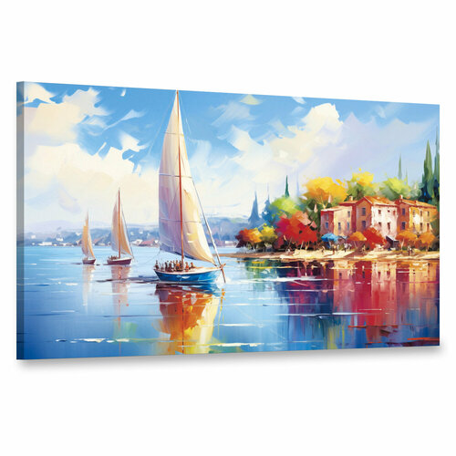 Интерьерная картина 100х60 "Пейзаж с рекой и парусными лодками"