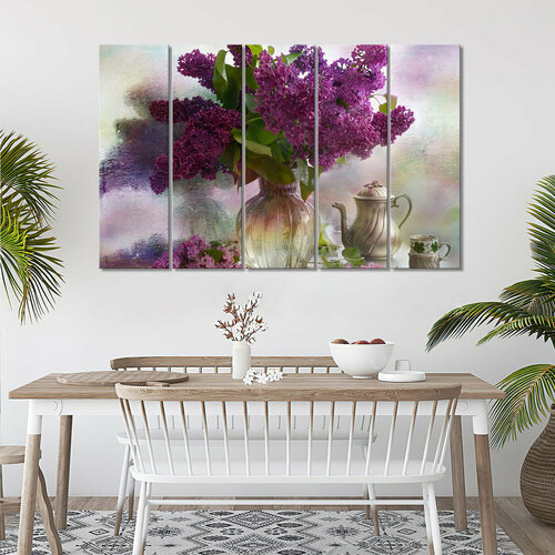 Модульная картина/Модульная картина на холсте/Модульная картина в подарок/ Сирень в вазе на столе (4)/Lilac in a vase on the table (4) 125х80