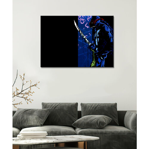 Интерьерная картина на холсте - Черепашки ниндзя минимализм на чёрном фоне с полоской 50х70