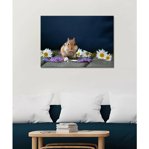 Картина - Бурундук, бурундучок, полосатый бурундук с кружечкой, милый бурундук в ромашках (52) 50х70