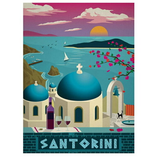 Плакат, постер на холсте Santorini/винтажный/ретро. Размер 21 на 30 см