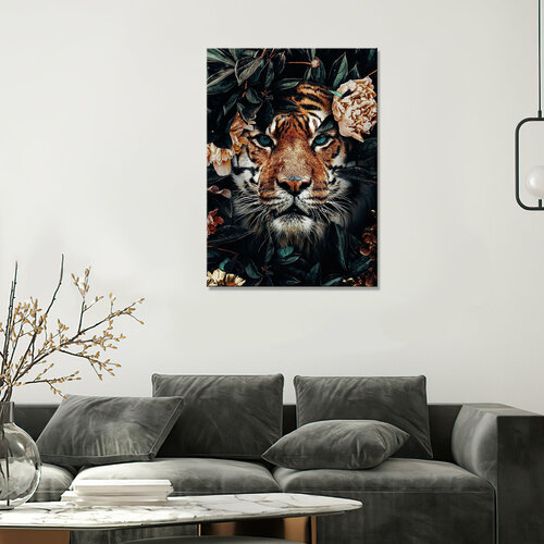 Интерьерная картина на холсте - Тигр тёмные растения цветы 50х70
