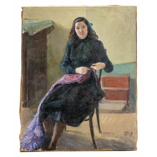 Картина "Портрет девушки", неизвестный художник (ПВ?), холст, масло, СССР, 1949 г.