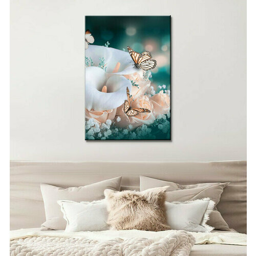 Интерьерная картина на холсте в гостиную, спальню, прихожую, кухню, офис/постер на стену для дома в подарок/ Белые цветы каллы и бабочки 20х30