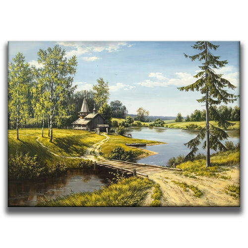 Картина для интерьера на холсте «Сельский пейзаж с рекой» 50х70, холст натянут на подрамник