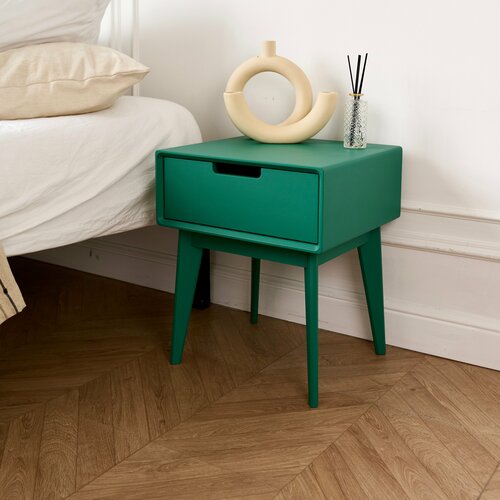 Тумба прикроватная из дерева с выдвижным ящиком на ножках напольная деревянная (как IKEA) в спальню, прихожую, детскую темно-зеленого цвета, эмаль