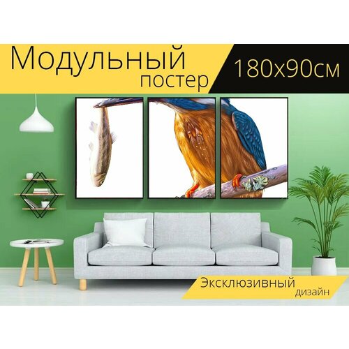 Модульный постер "Картина, зимородок, птица" 180 x 90 см. для интерьера