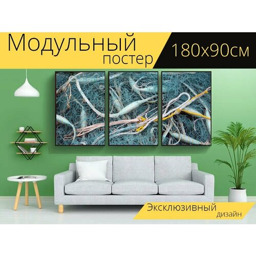 Модульный постер "Рыболовная сеть, рыба, работай" 180 x 90 см. для интерьера